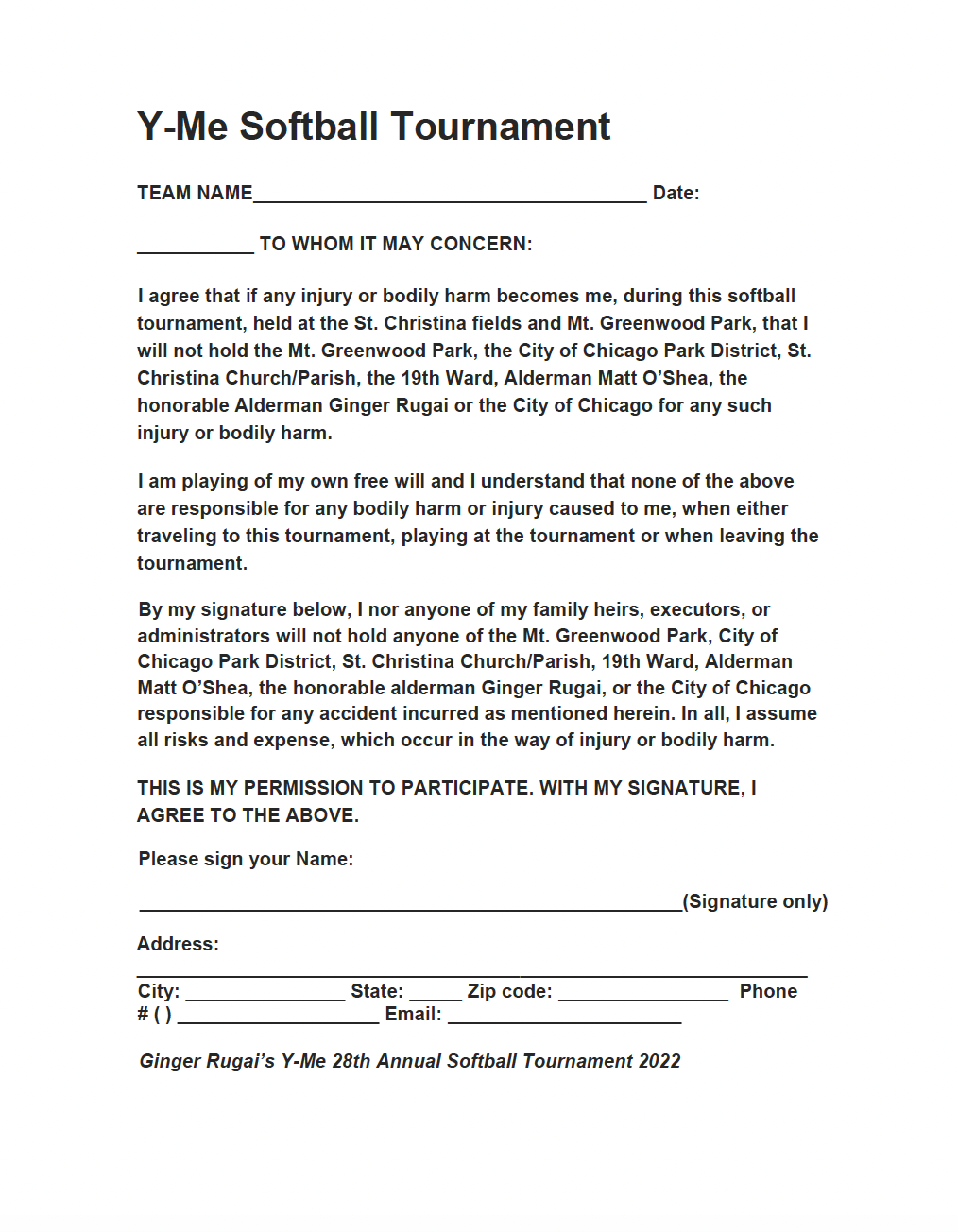 Waiver Form - Y-Me Softball